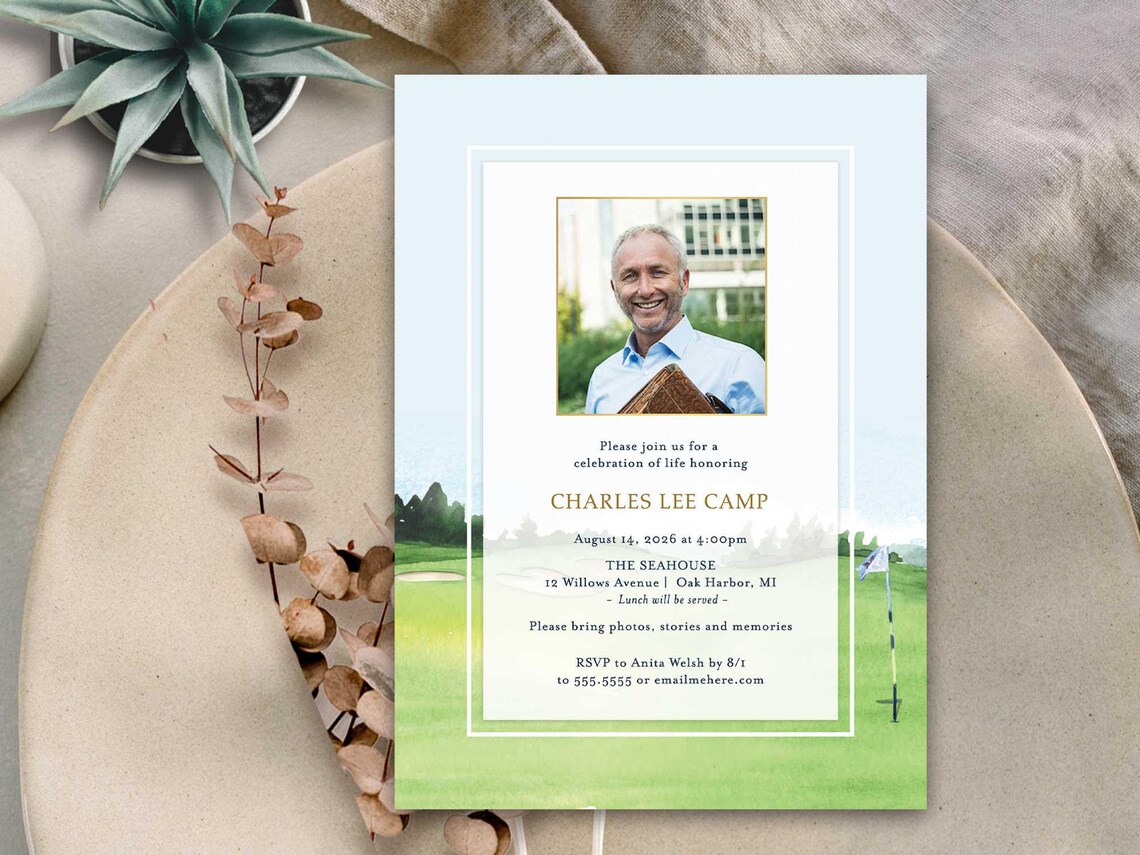 Celebration of Life Invitation Template, Golf Funeral Announcement ...