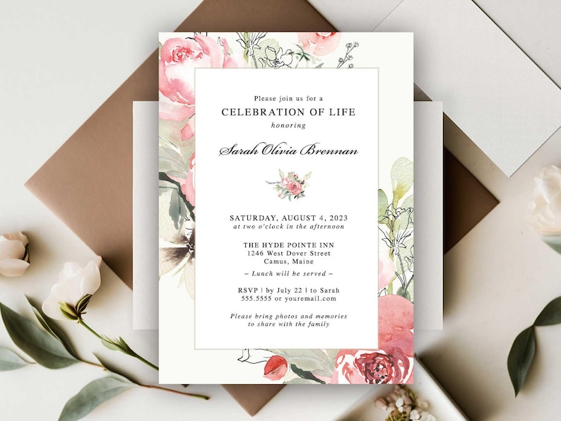 Pink Funeral Flowers Celebration of Life Invitation Template, Memorial ...