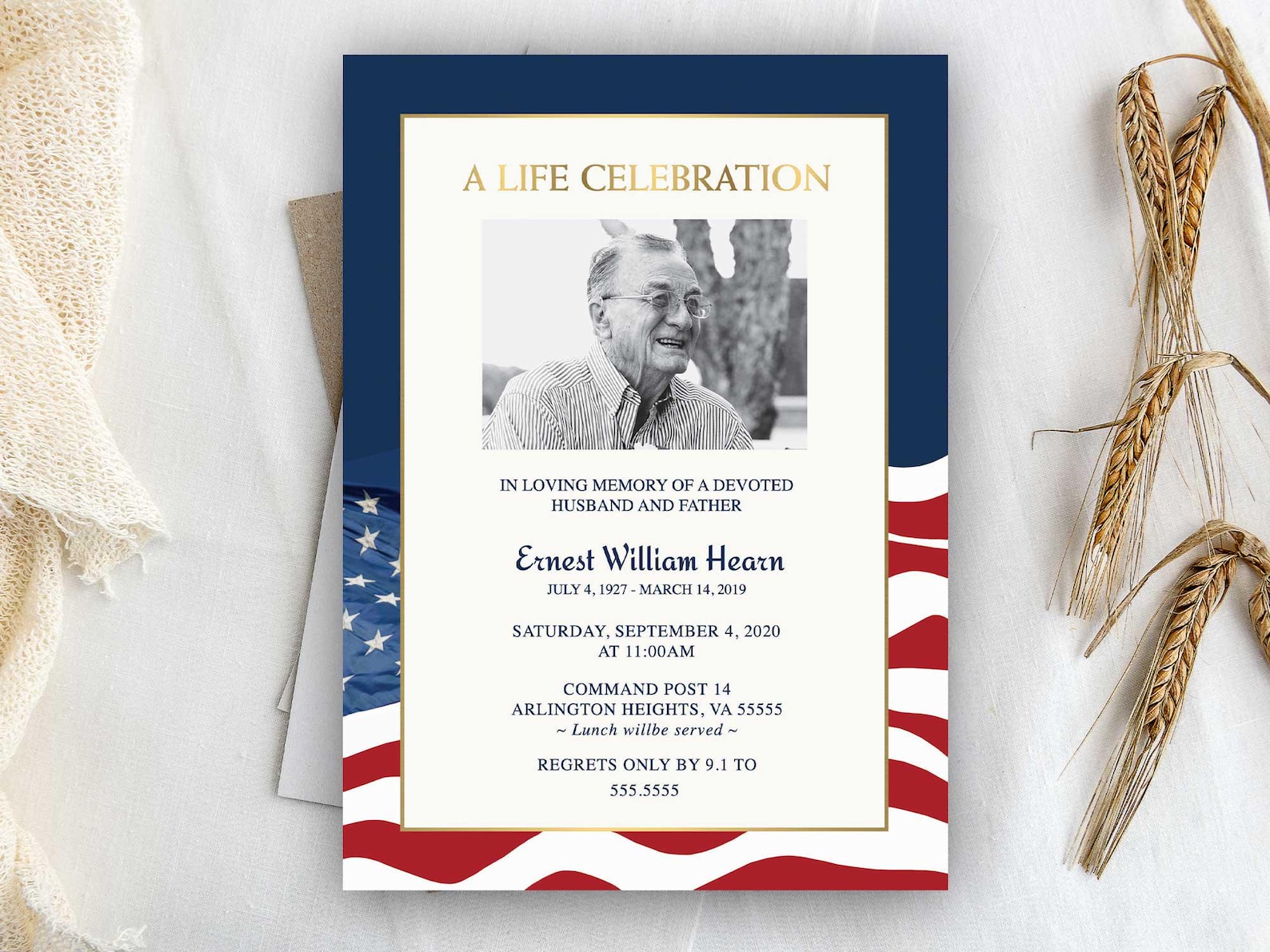Funeral Announcement Card, Military Funeral Invitation Veteran ...