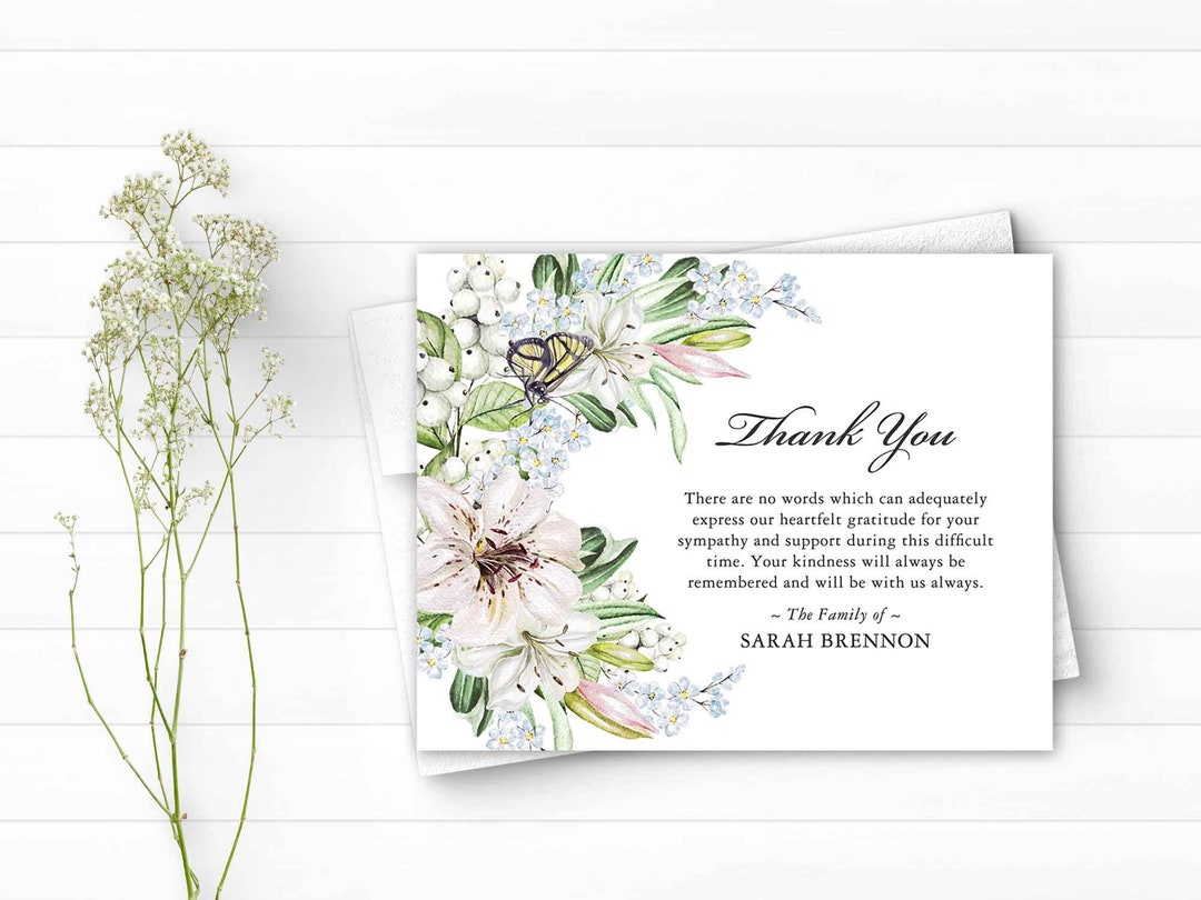 Funeral Thank You Card Template, Sympathy Acknowledgement Cards ...