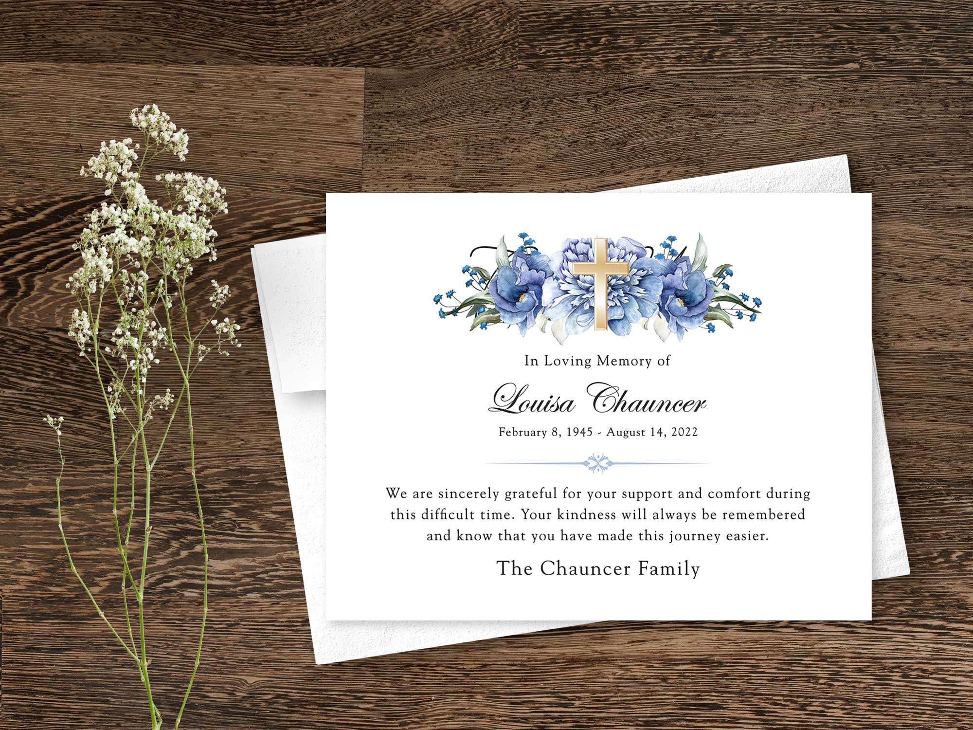 Catholic Sympathy Acknowledgment Cards, Blue Floral, Funeral Thank You ...