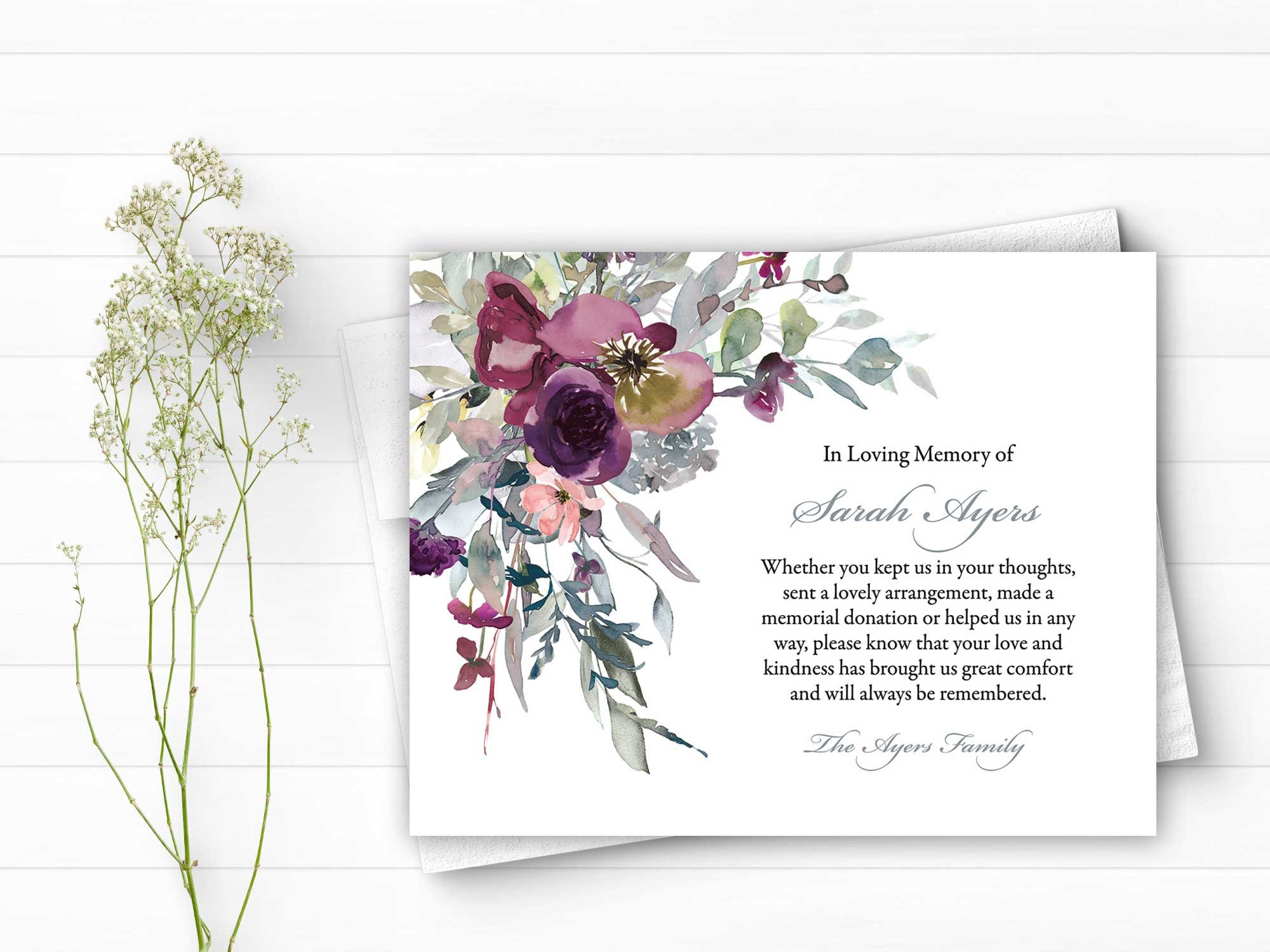 Funeral Thank You Cards, Printable Memorial Sympathy Thank You Notes ...