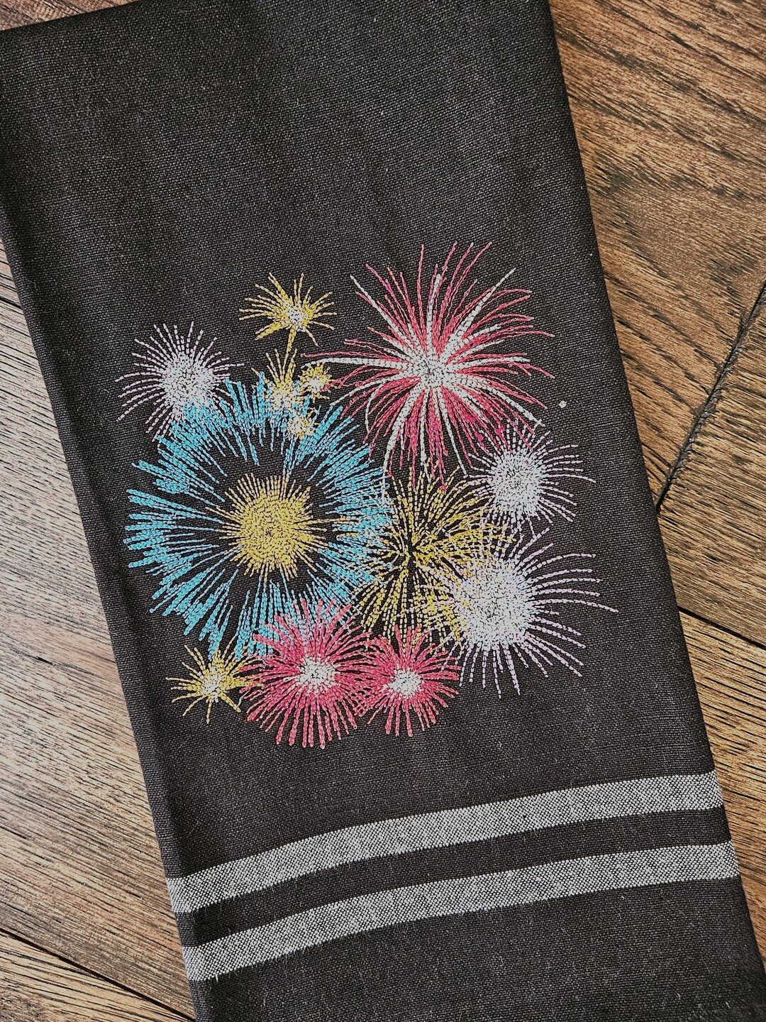 Black and White Embroidered Fireworks Kitchen Towel - Etsy