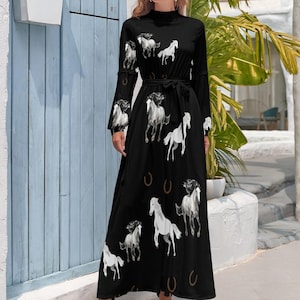 black dress with horses