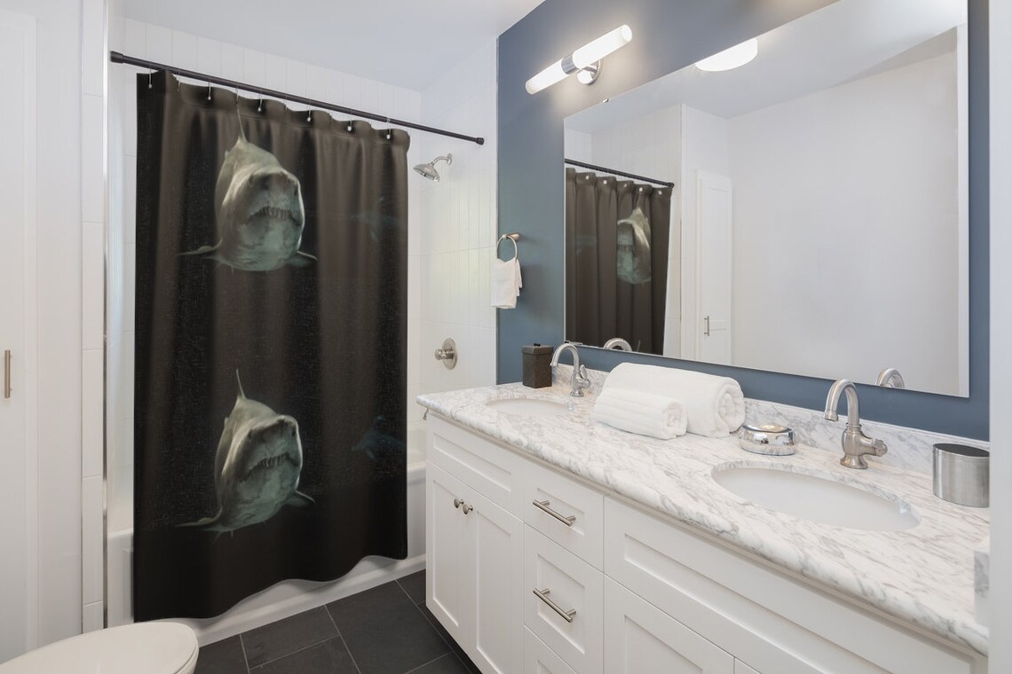 Shark Shower Curtain Shark Bath Decor Shark Bathroom Beach House Fish ...