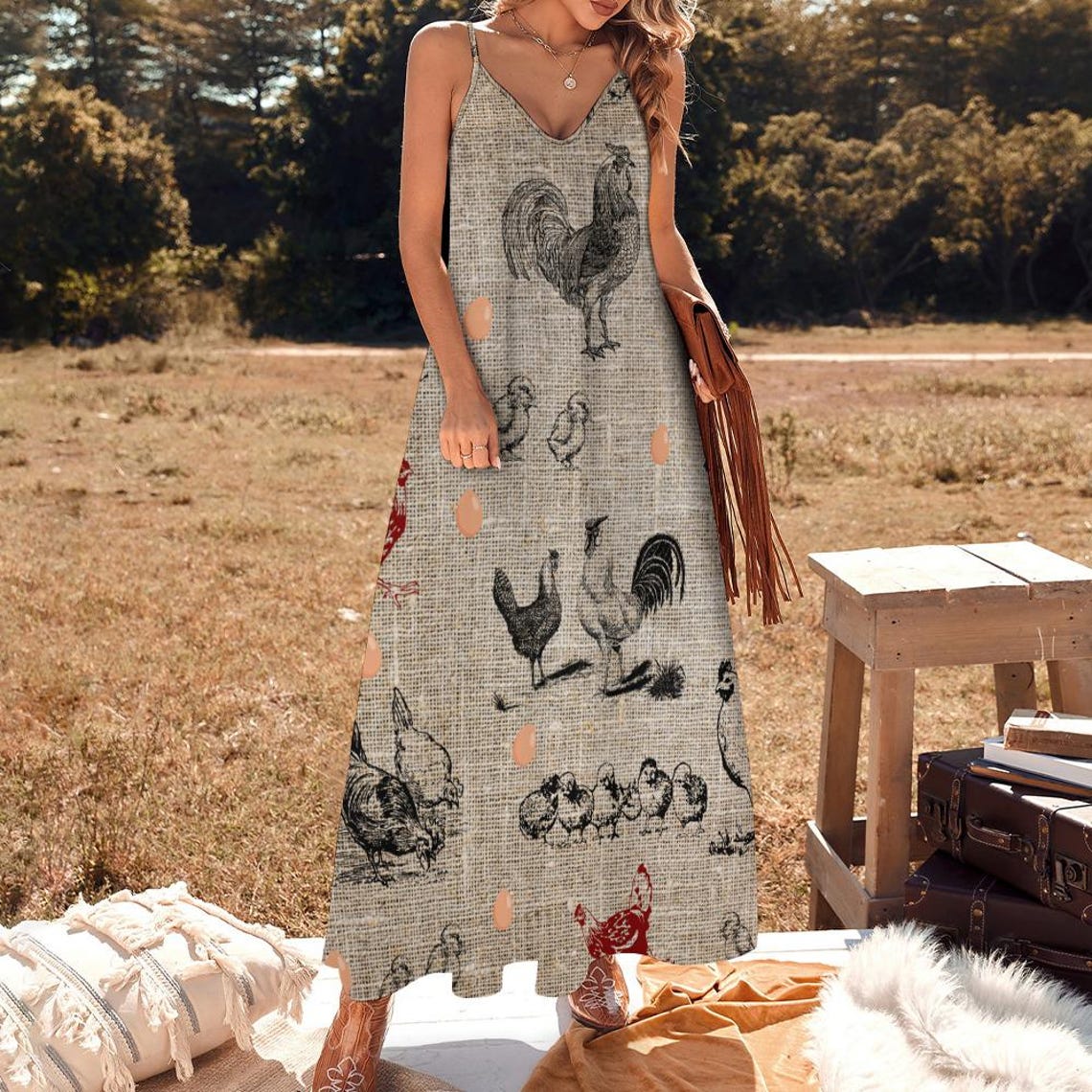 Chicken Dress Sling Ankle Long Dress Country Farm Dress Summer Gift for ...