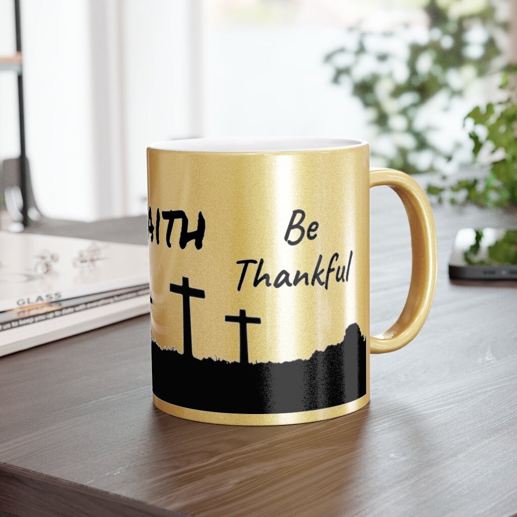 Christian Mug Gold Silver Metallic Cross Coffee Mug Thankful Blessed ...