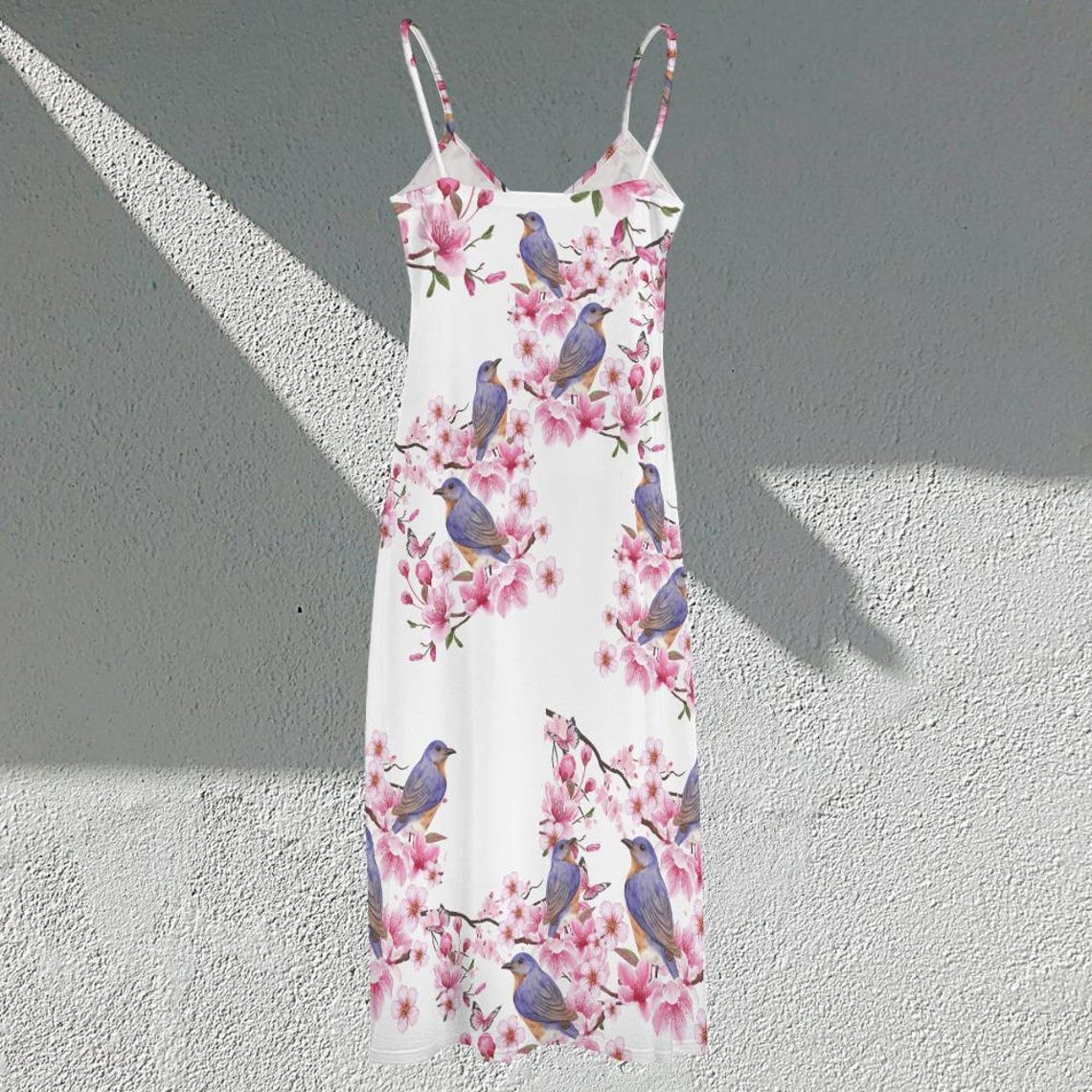 Cherry Blossom Dress Bird Sling Ankle Long Dress Summer Bird Watcher ...