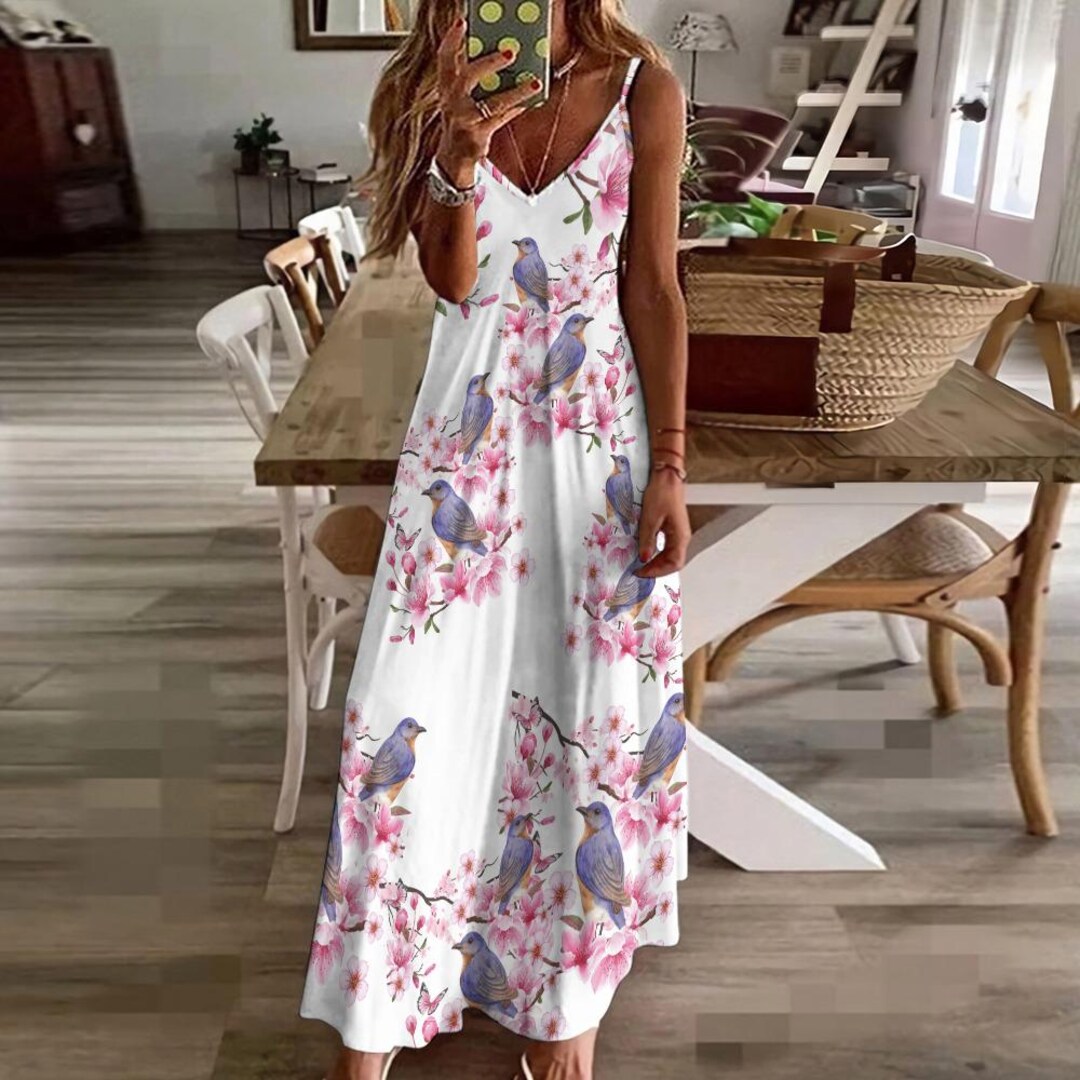 Cherry Blossom Dress Bird Sling Ankle Long Dress Summer Bird Watcher ...