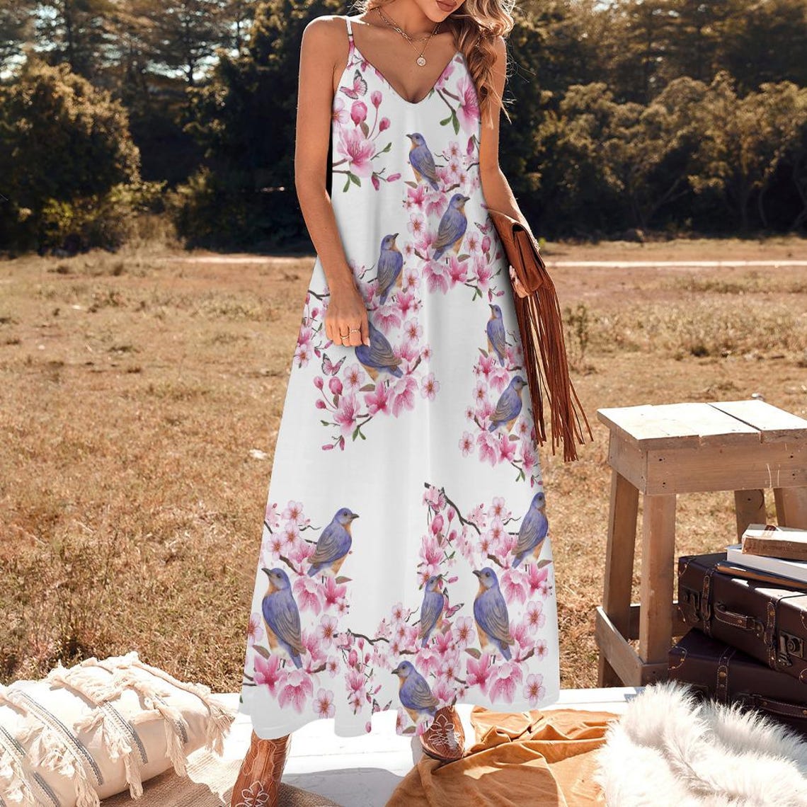 Cherry Blossom Dress Bird Sling Ankle Long Dress Summer Bird Watcher ...