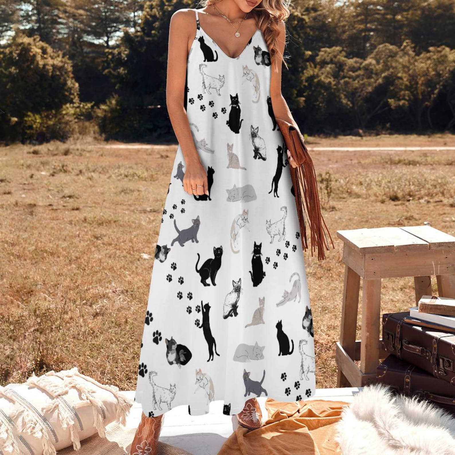 Cat Dress Beach Coverup Ankle Long Dress Cat Paws Summer Black Cat ...