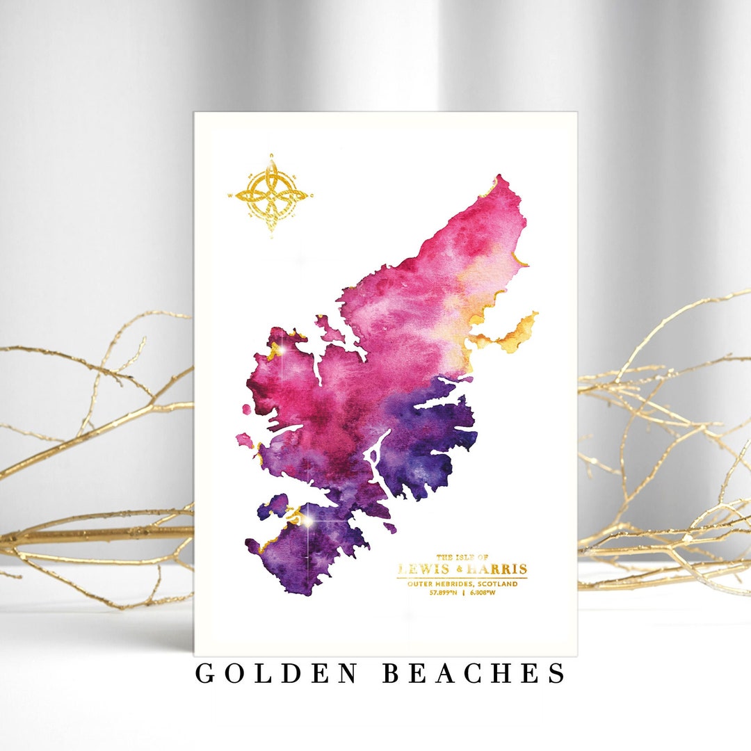 Isle of Lewis & Harris Watercolour Map Print With Golden Beaches ...