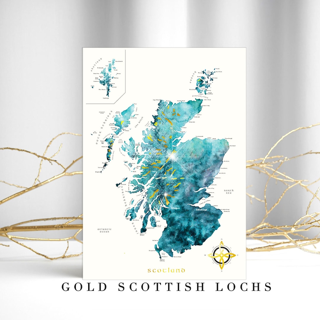 Map of Scotland With Gold Lochs Watercolour Art Print | Thoughtful Gift ...
