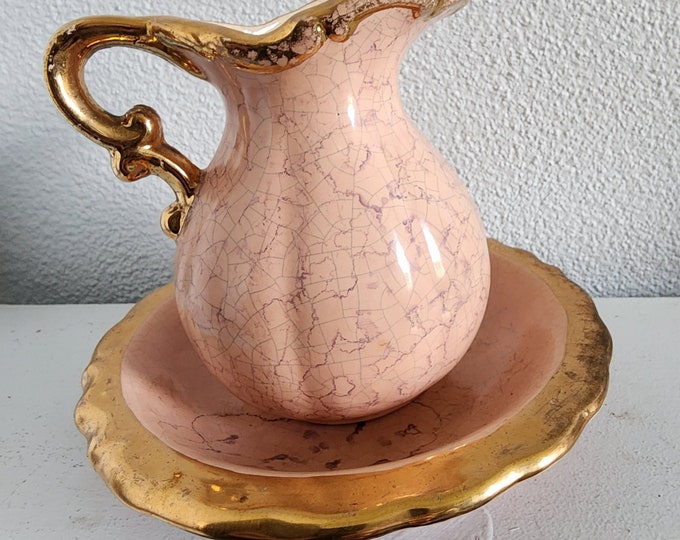 Pink and Gold Water Pitcher and Basin Vintage Garden Decor 1960s Vases ...