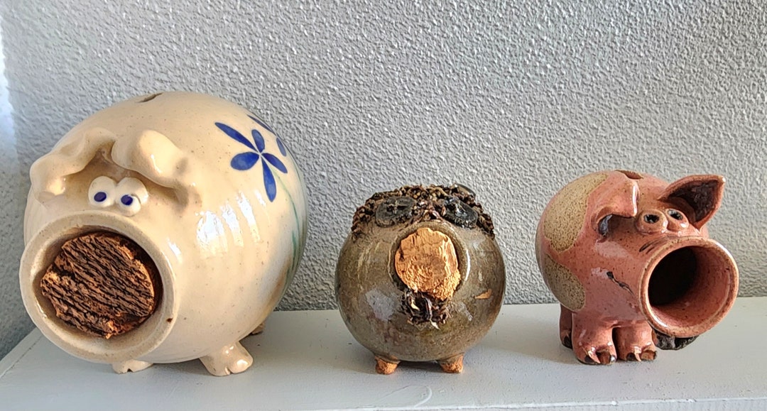 Set of 3 Stoneware Pottery Piggy Banks Oregon Pottery Wizard Clay Co ...