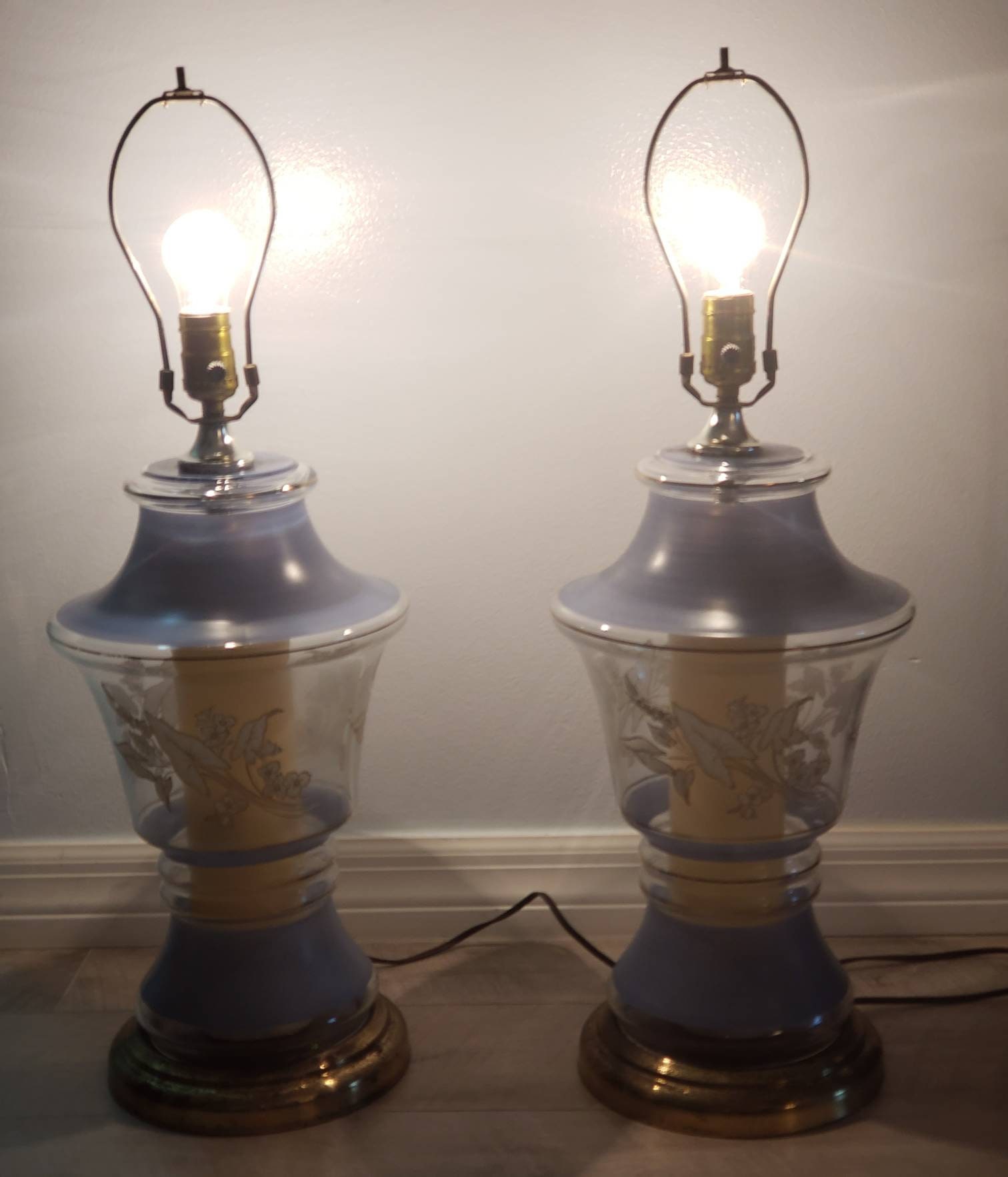 RARE Pair of Blue Botanical Glass Vintage Dual Light Table Lamps ...