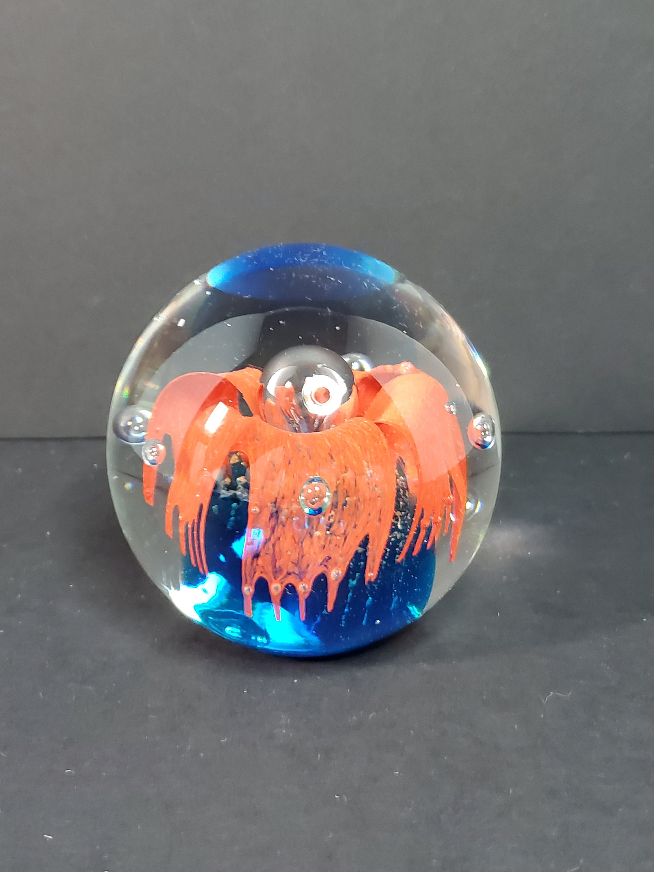 Glass Orb Paperweight, Blue Base, Red Flower, With Controlled Bubbles ...