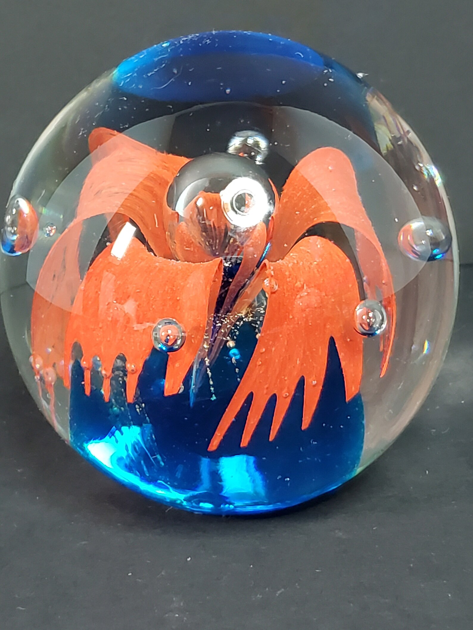 Glass Orb Paperweight, Blue Base, Red Flower, With Controlled Bubbles ...