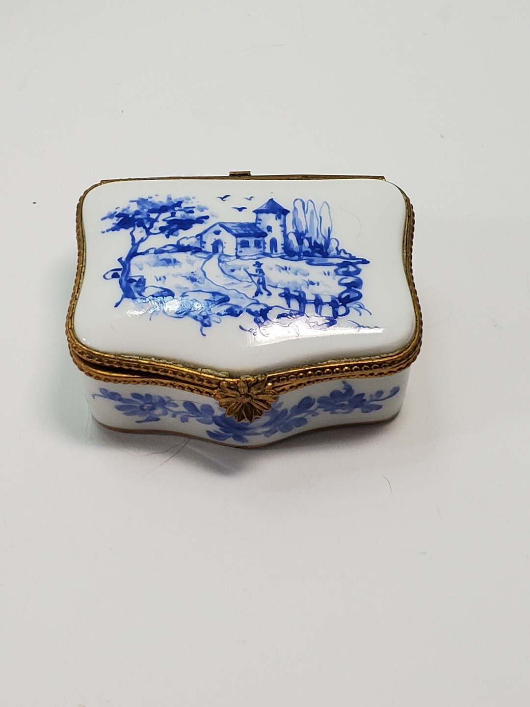 Limoges Blue and White Chateau Hinged Trinket Box - Etsy