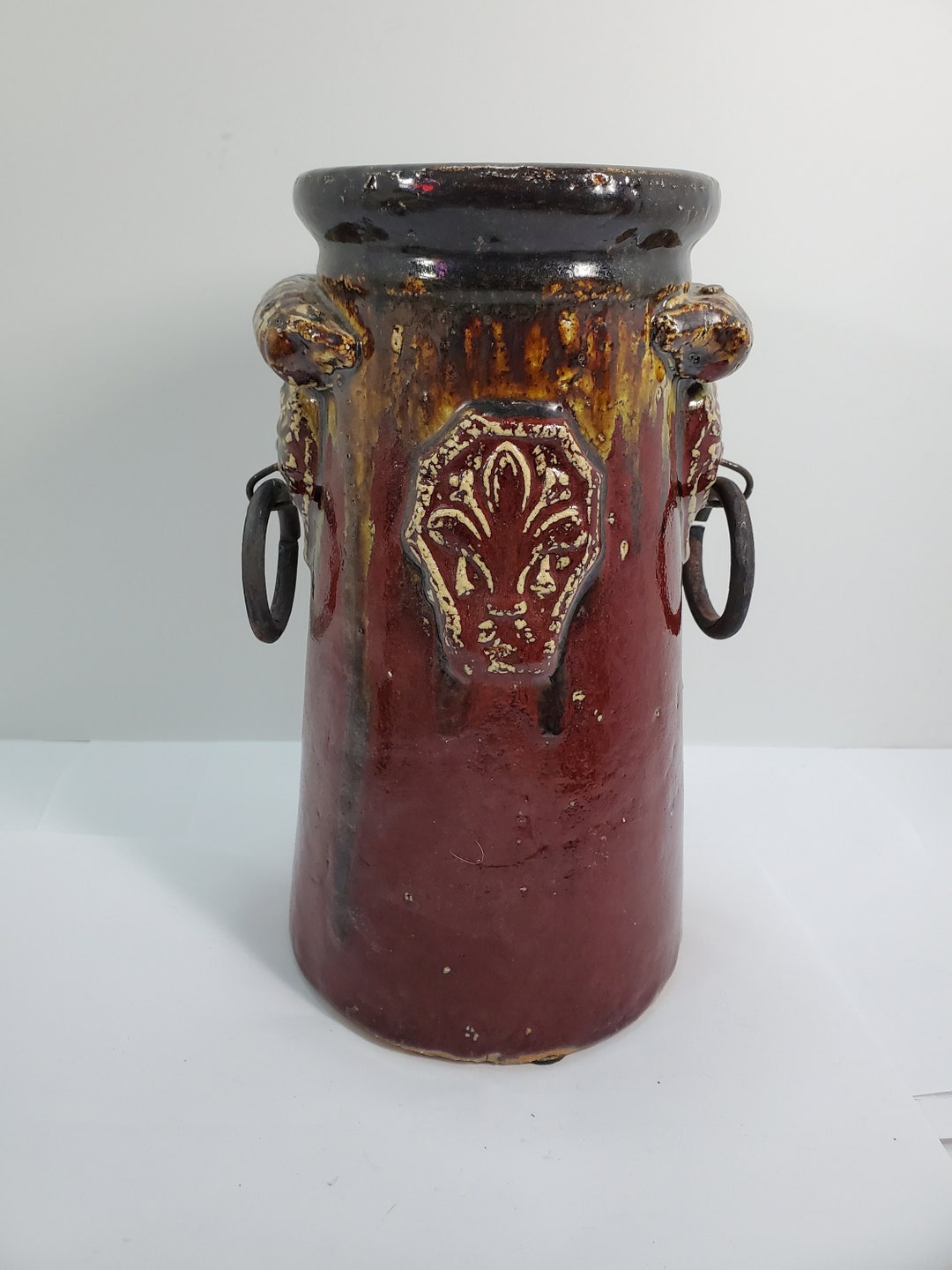 Brown Glazed Stoneware Crock With Metal Ring Handles - Etsy