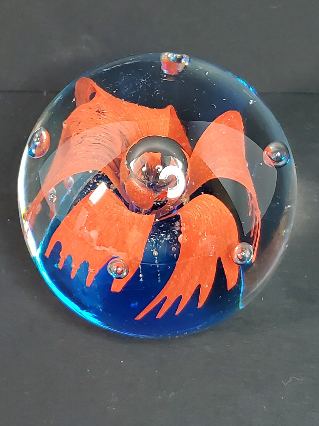 Glass Orb Paperweight, Blue Base, Red Flower, With Controlled Bubbles ...