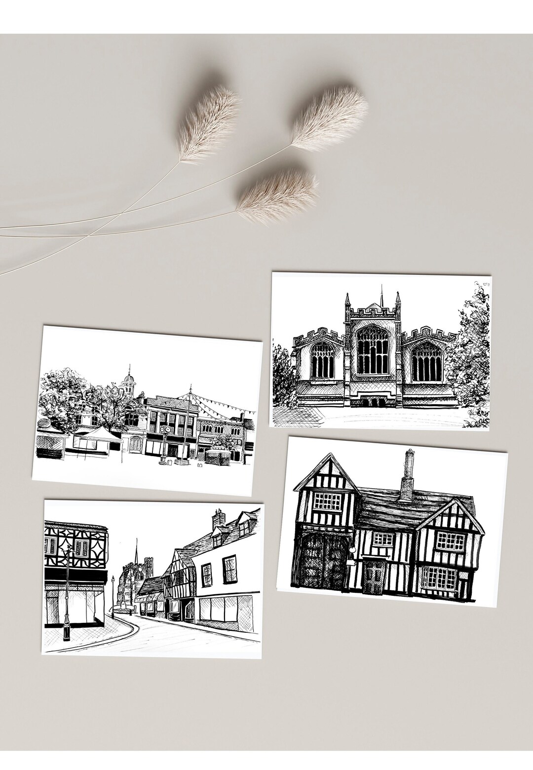 Collection 4 Cards | Hitchin Ink Drawing | Traditional Christmas Card ...