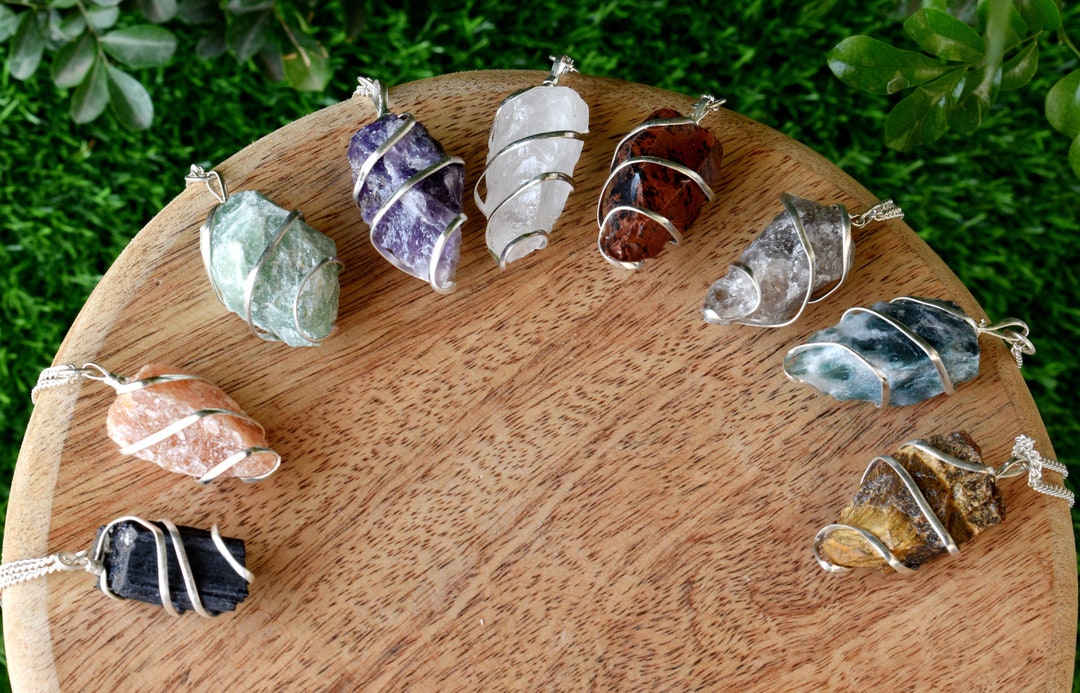 Natural Rough Gemstone Pendant With Chain, Pick 1 Real Metal Wrapped ...