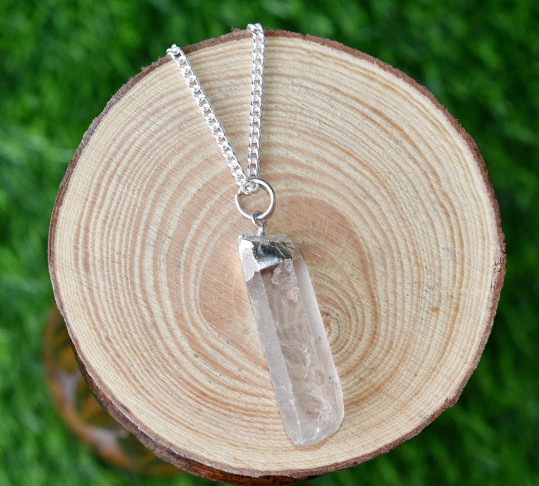 Genuine Clear Quartz Rough Stone Pendants, Electroplated Silver Real ...