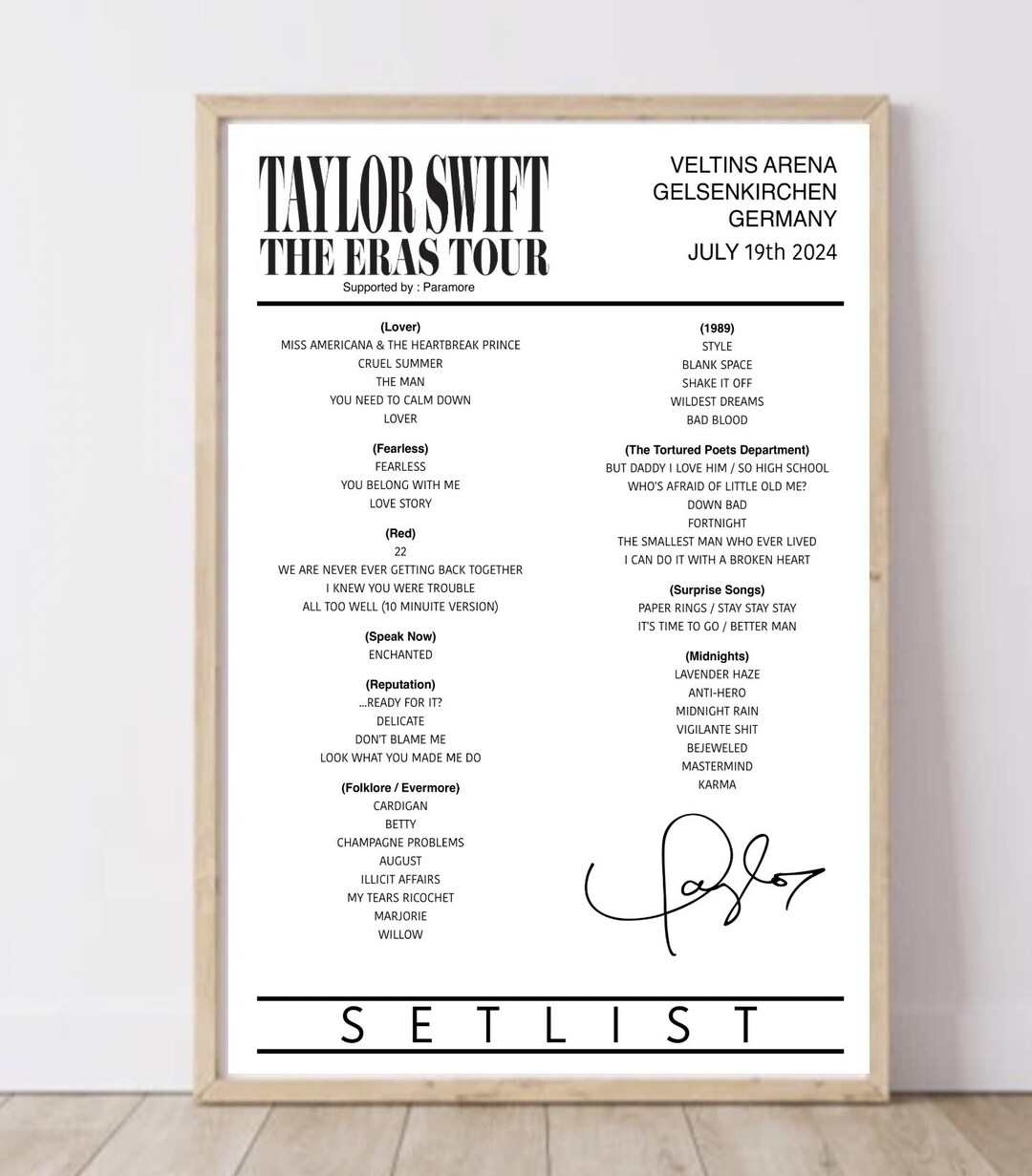 Taylor Swift Eras Tour Setlist Europe Music Poster Wall Art Handmade ...