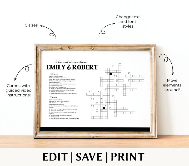 Sip and Solve Crossword Puzzle Template Wedding Game Idea - Etsy Canada