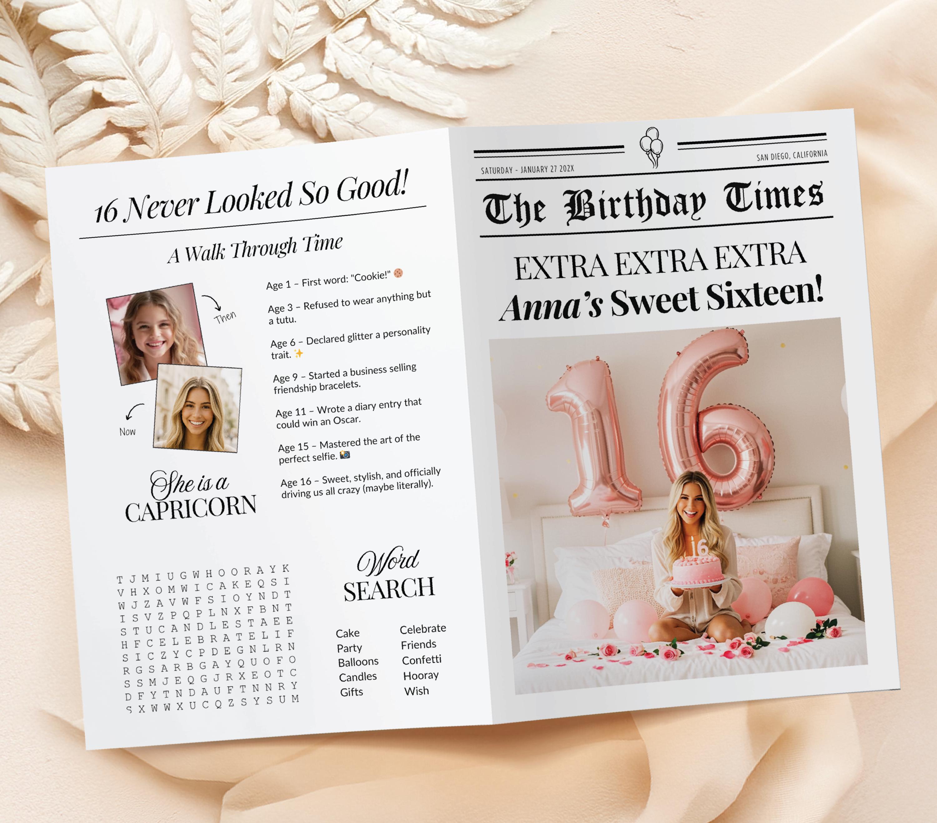 Sweet 16 Birthday Newspaper Invitation Printable Keepsake for Teens ...