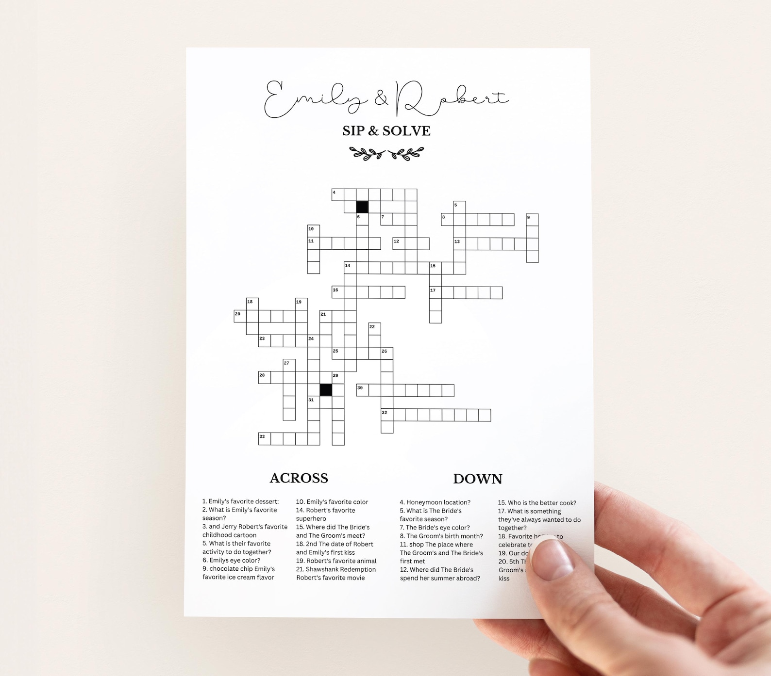 Small Cocktail Hour Crossword Wedding Crossword Puzzle Vertical ...