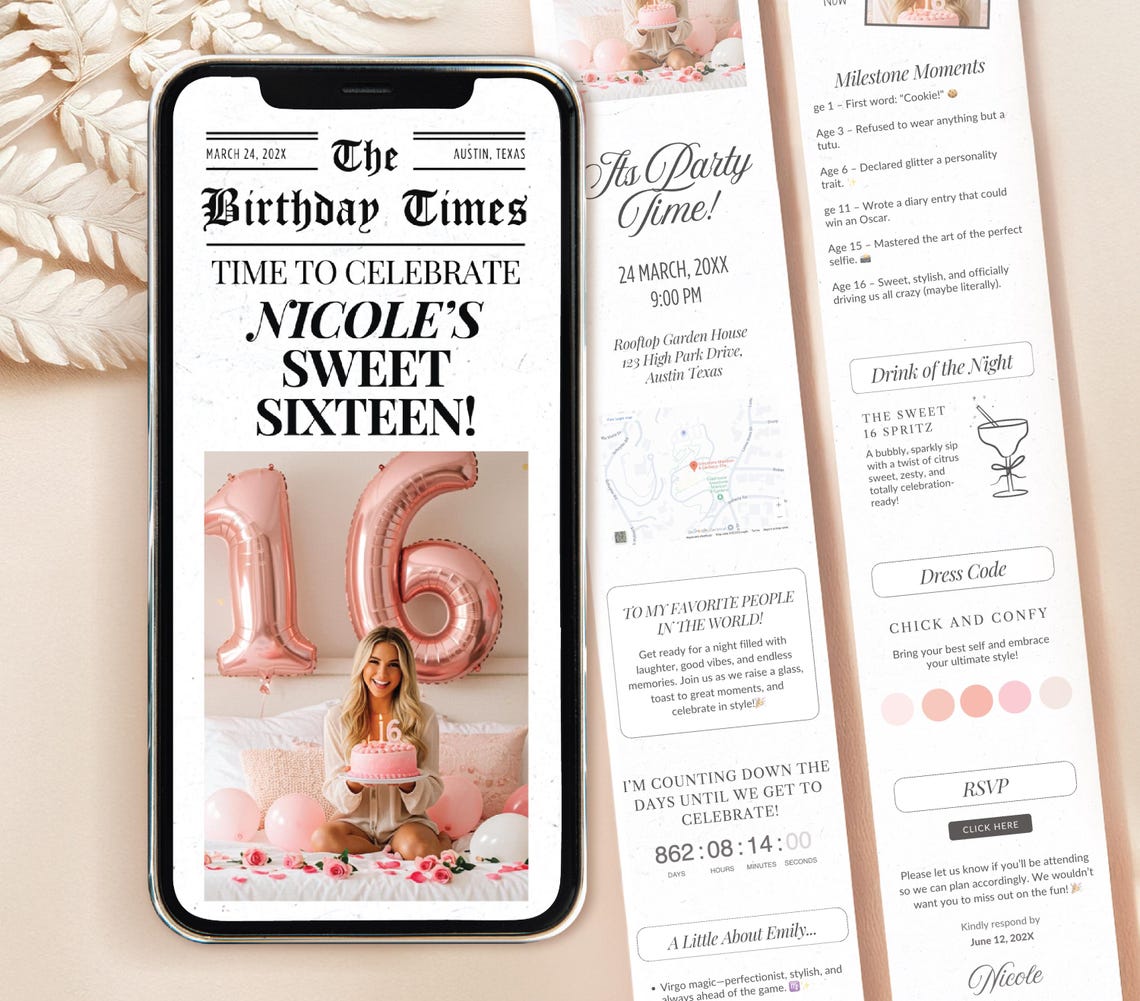 Sweet 16 Digital Newspaper Invitation With RSVP Editable Birthday E ...