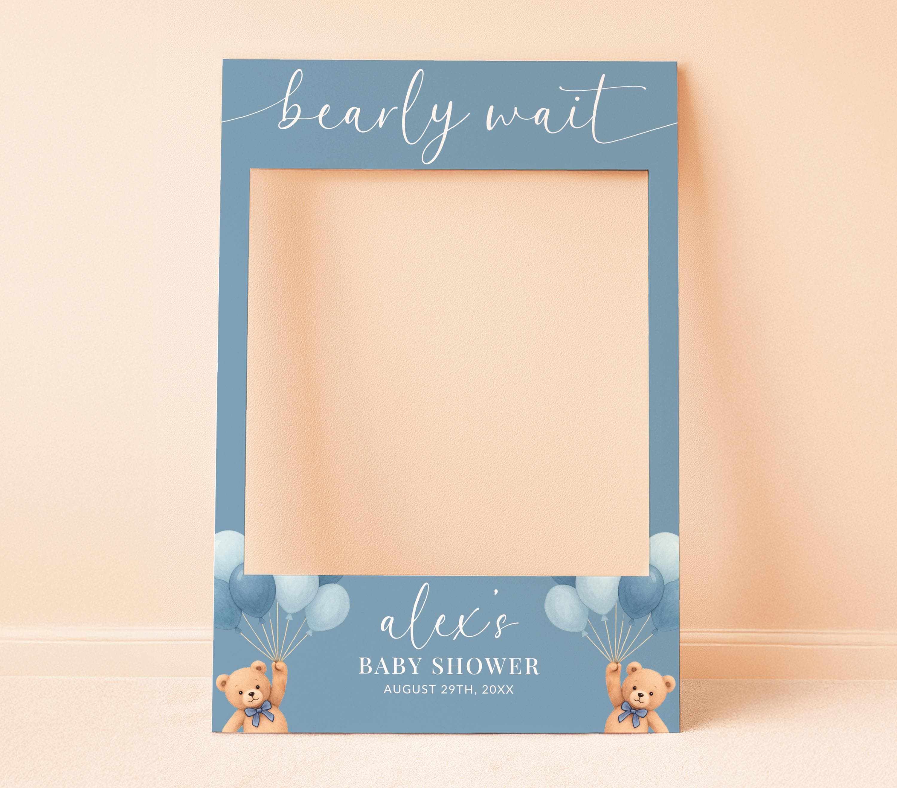 Bearly Wait Baby Shower Photo Booth Frame for Boy Blue Teddy Bear ...