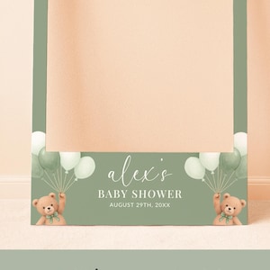 We Can Bearly Wait Baby Shower Photo Frame Prop Green Teddy Bear Theme ...