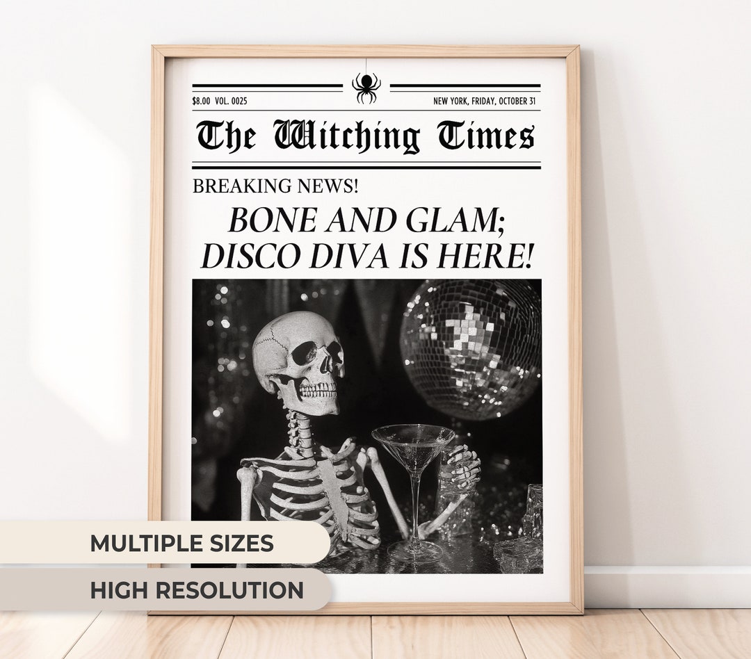 Halloween Disco Wall Art Skeleton Disco Print Halloween Newspaper ...