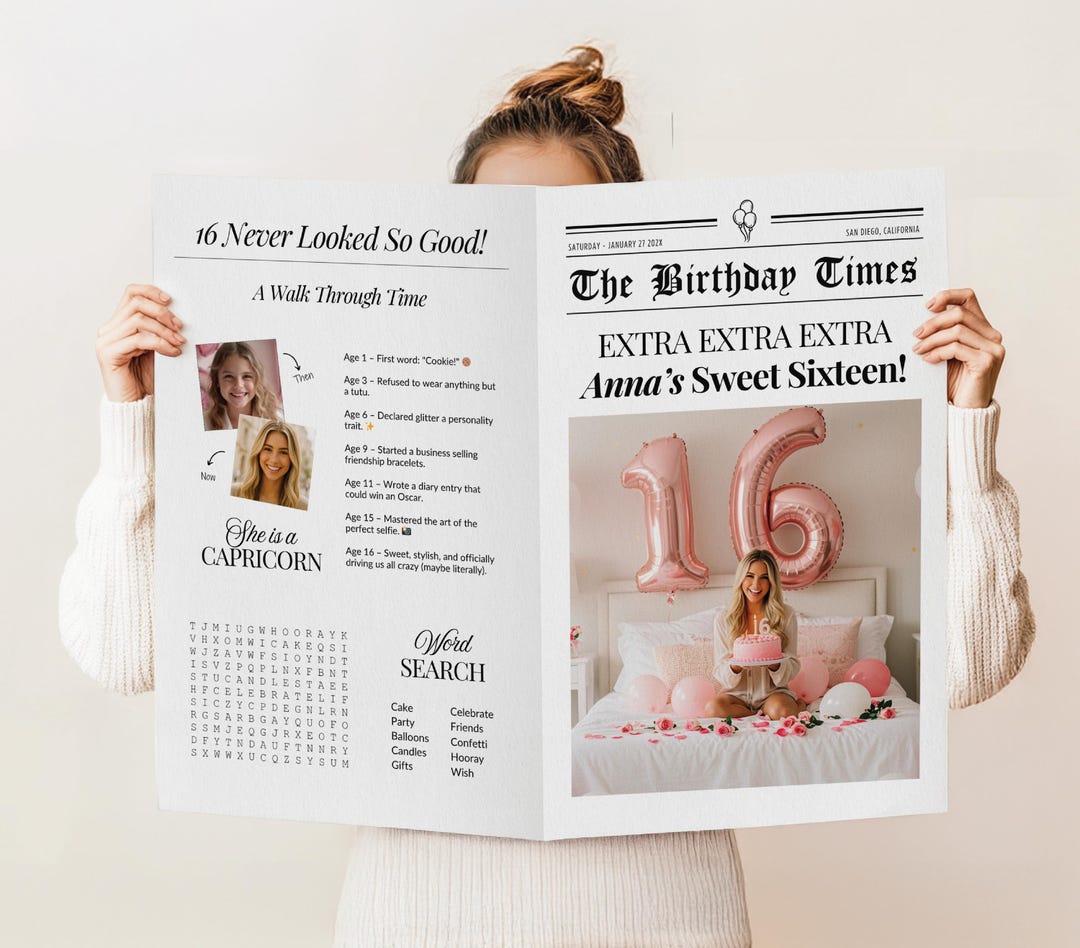 Sweet 16 Birthday Newspaper Invitation Printable Keepsake for Teens ...
