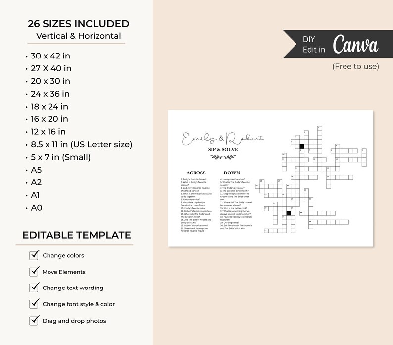 Small Cocktail Hour Crossword Wedding Crossword Puzzle Vertical ...
