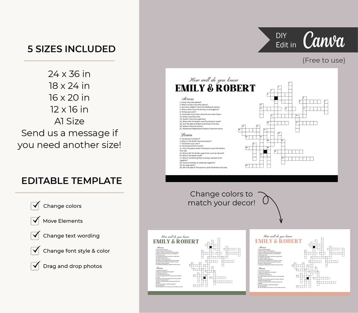 Sip and Solve Crossword Puzzle Template Wedding Game Idea - Etsy Canada