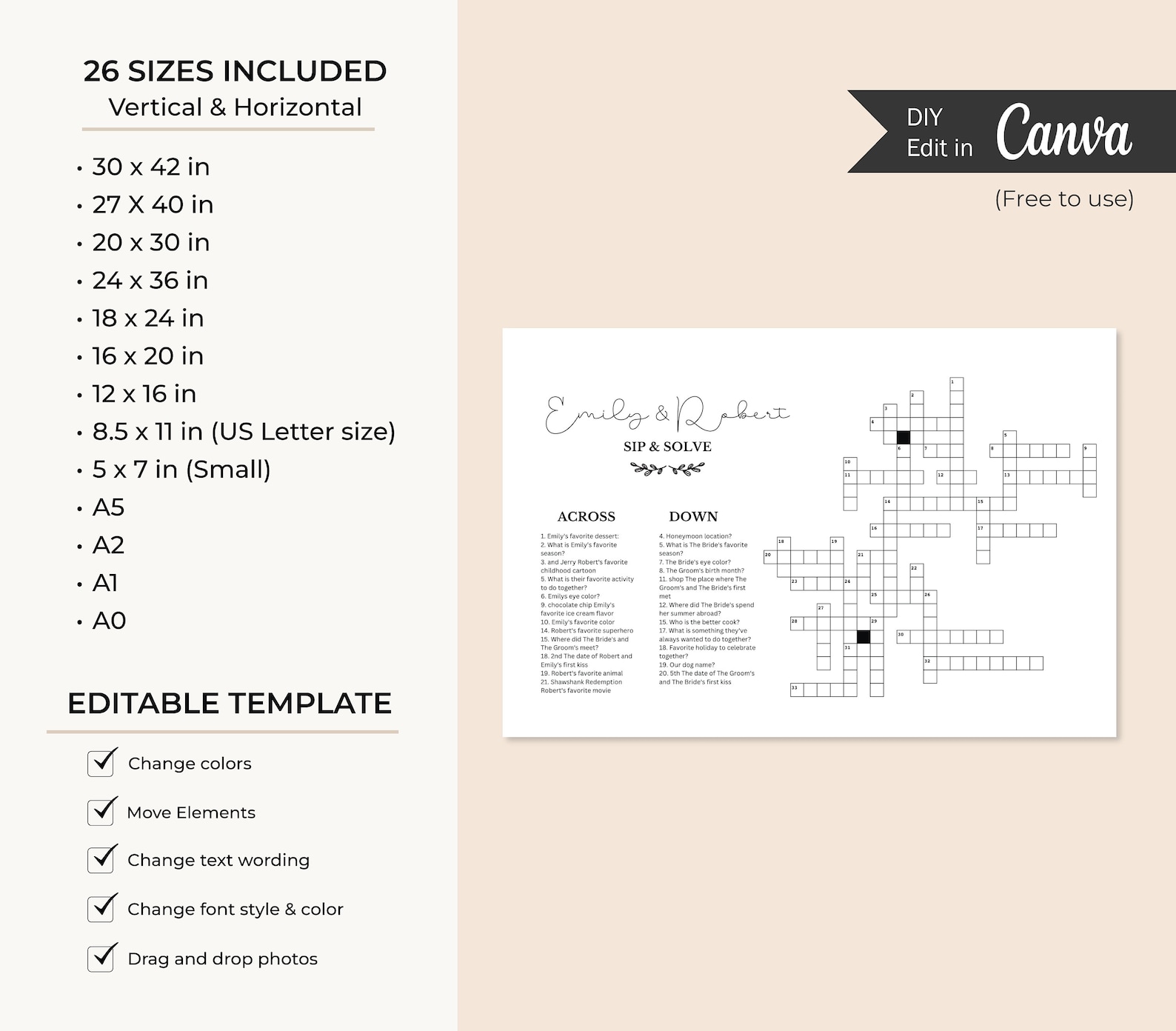 Wedding Crossword Puzzle Wedding Sip and Solve Wedding Decor Minimalist ...