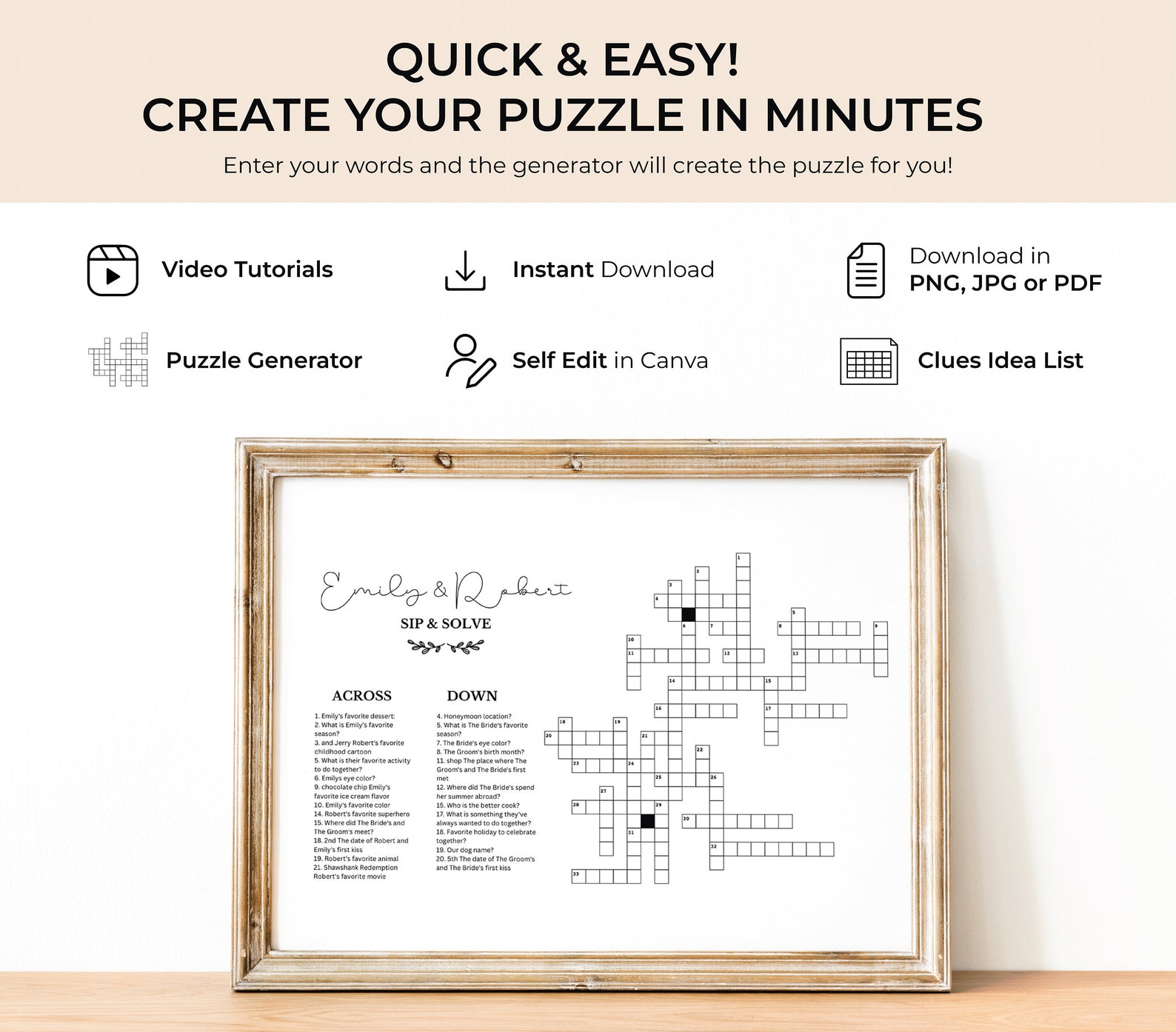 Small Cocktail Hour Crossword Wedding Crossword Puzzle Vertical ...