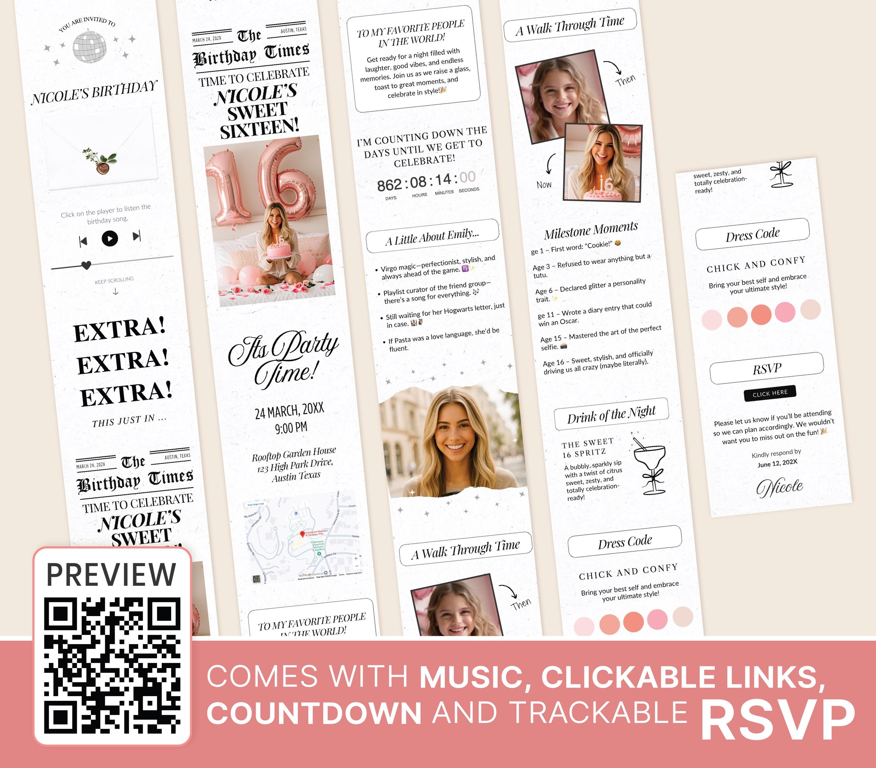 Sweet 16 Digital Newspaper Invitation With RSVP Editable Birthday E ...