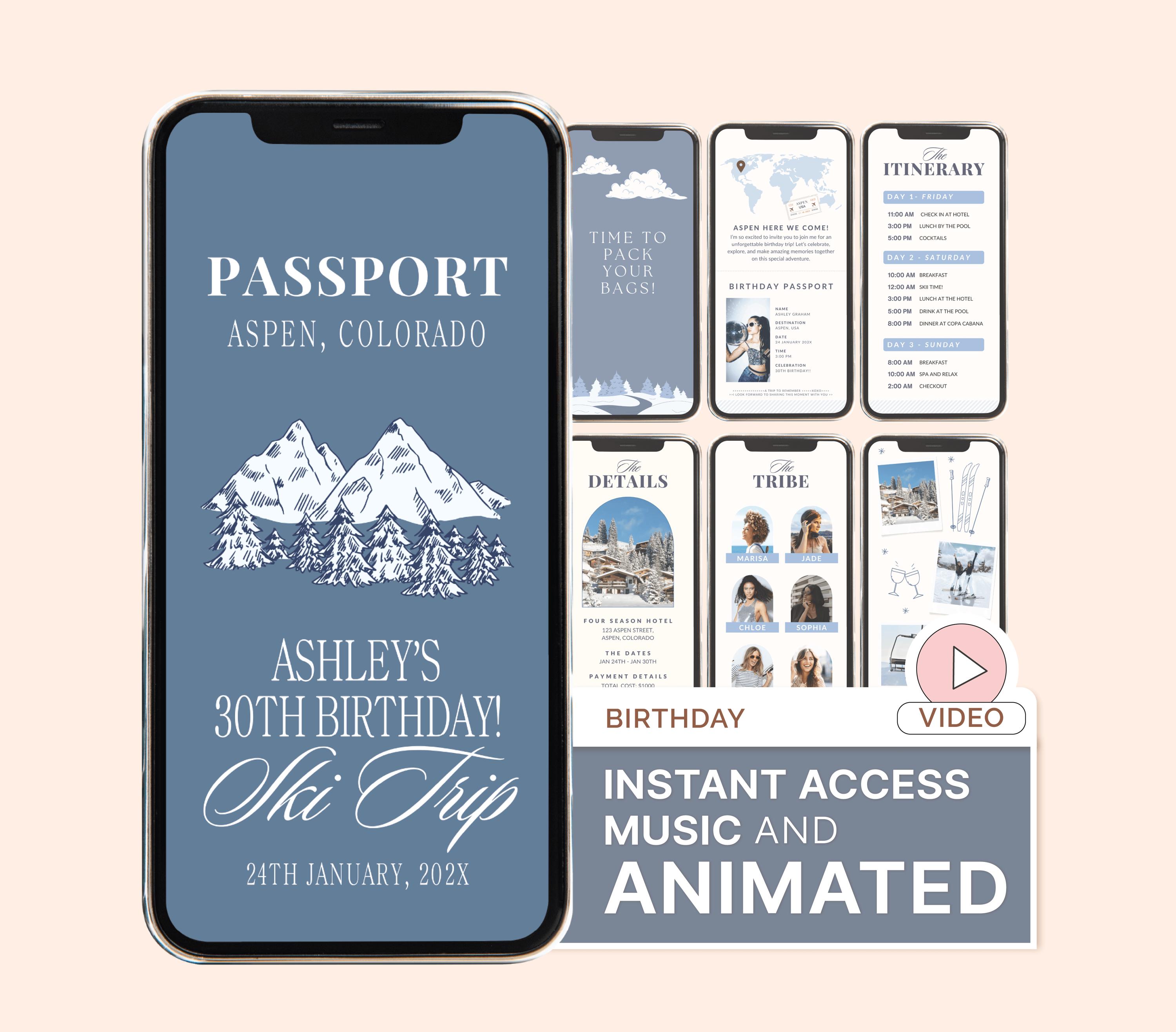 Birthday Holiday Vacation Invitation Passport Birthday Ski Trip ...