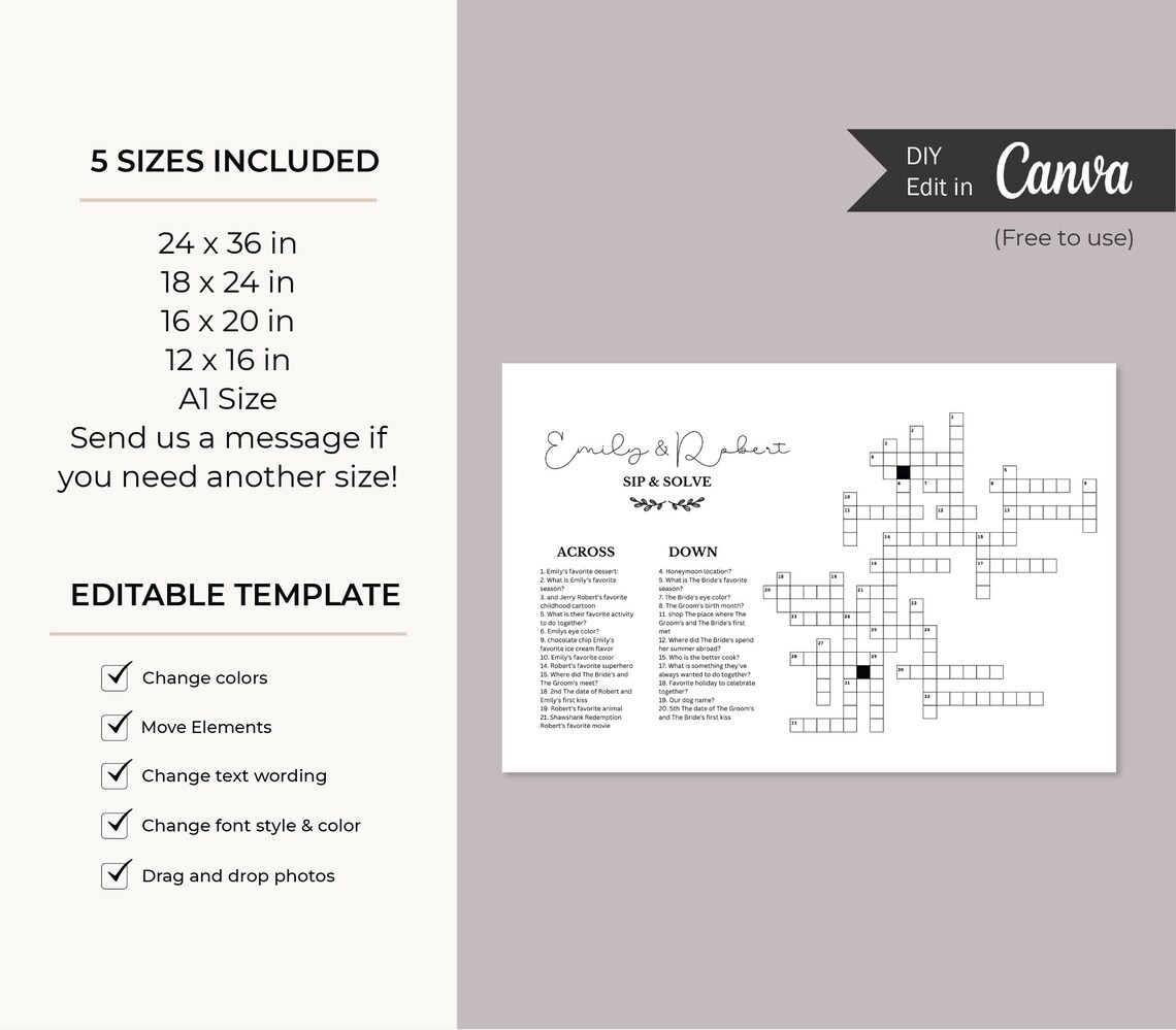 Minimalist Wedding Crossword Puzzle Template Wedding Game for - Etsy Canada