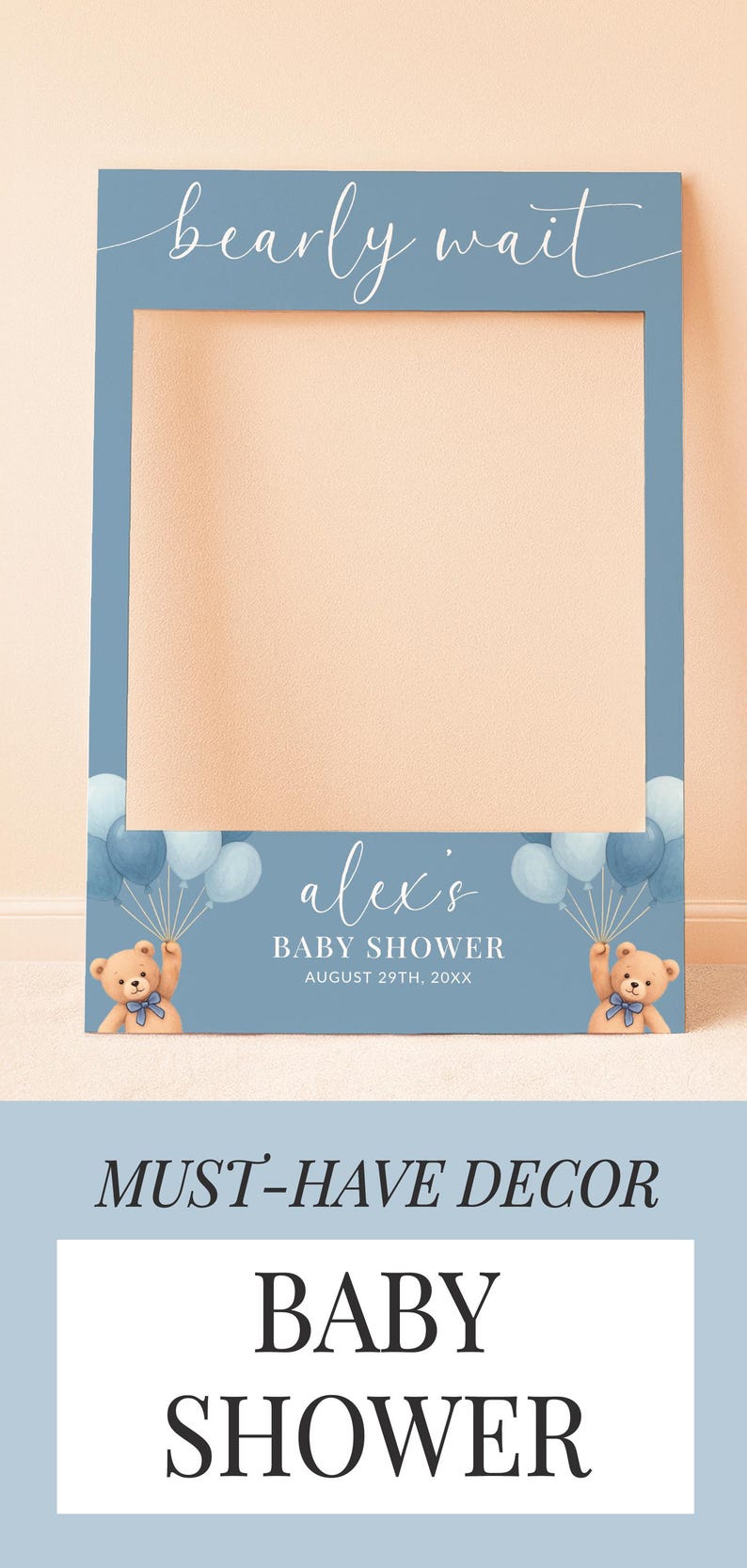 Bearly Wait Baby Shower Photo Booth Frame for Boy Blue Teddy Bear ...