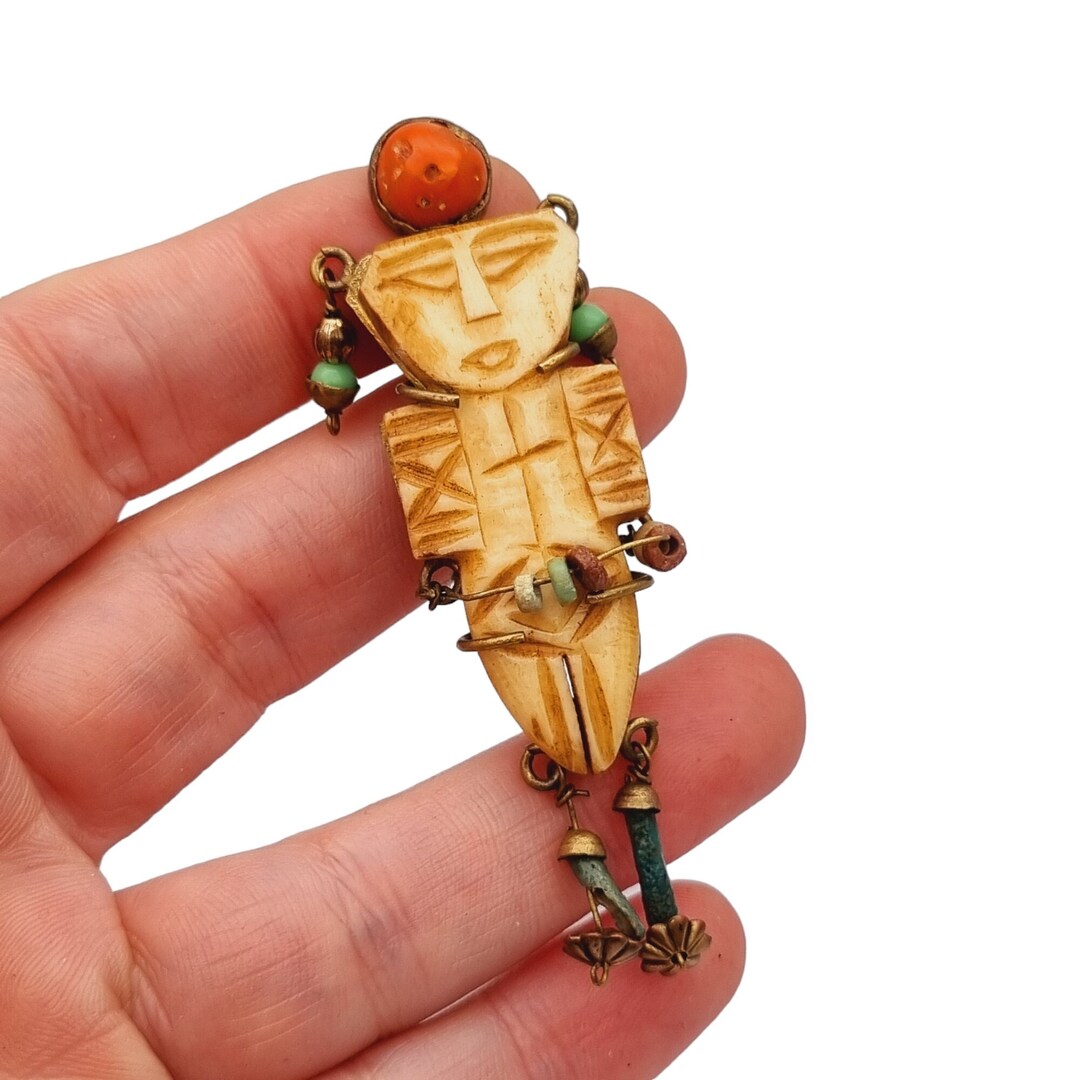 Tribal Carved Bone Brooch With Coral, Handmade Vintage Aztec Figurative ...