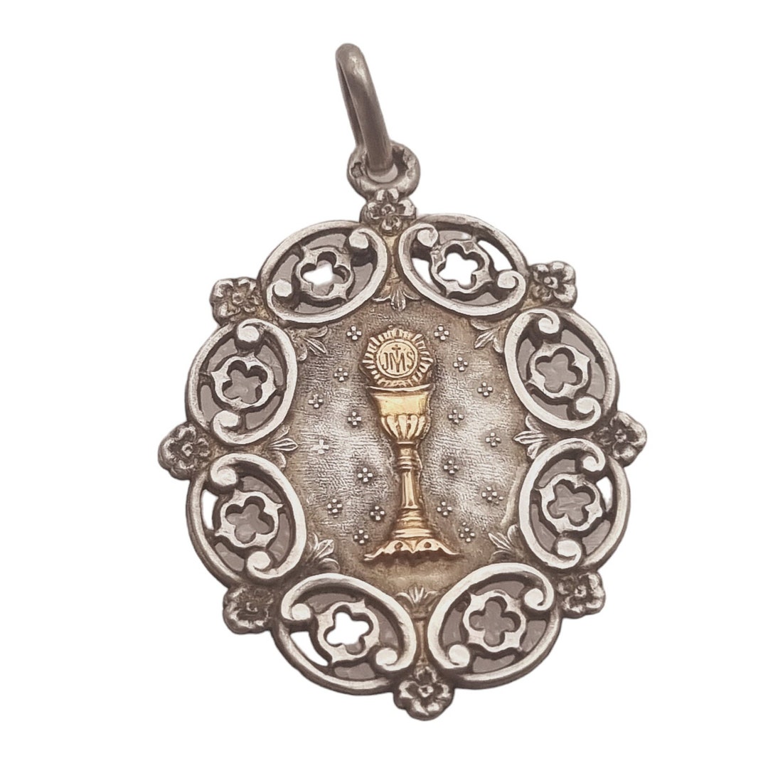 Art Nouveau Silver Religious Medal With Communion Chalice in Gold ...
