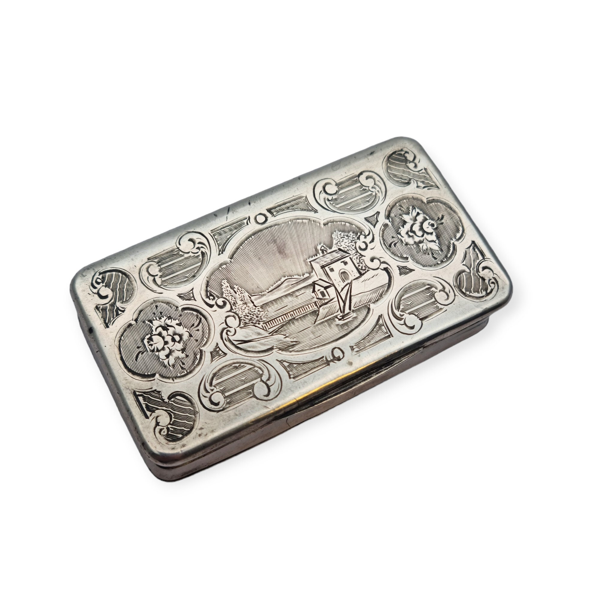 Antique French Solid Silver Snuff Box With Landscape Customs Scene ...
