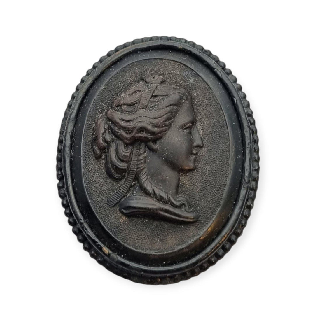 Victorian Mourning Brooch With Ebonite Vulcanite Cameo And Oval