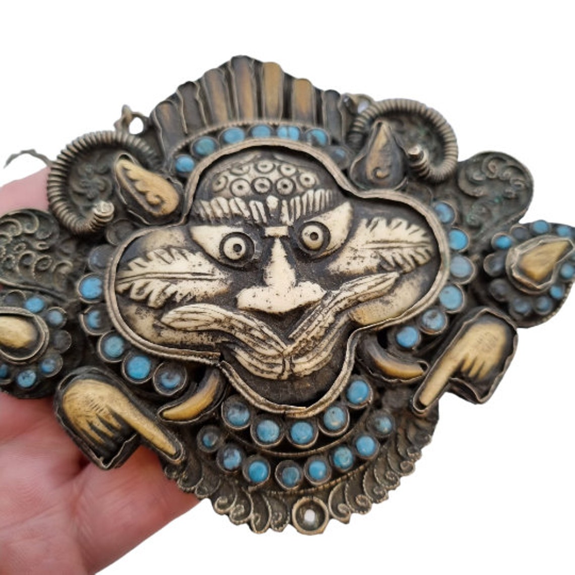 Antique Tibetan Nepal Carved Zeeba Necklace, Turquoise Inlaid Amulet ...